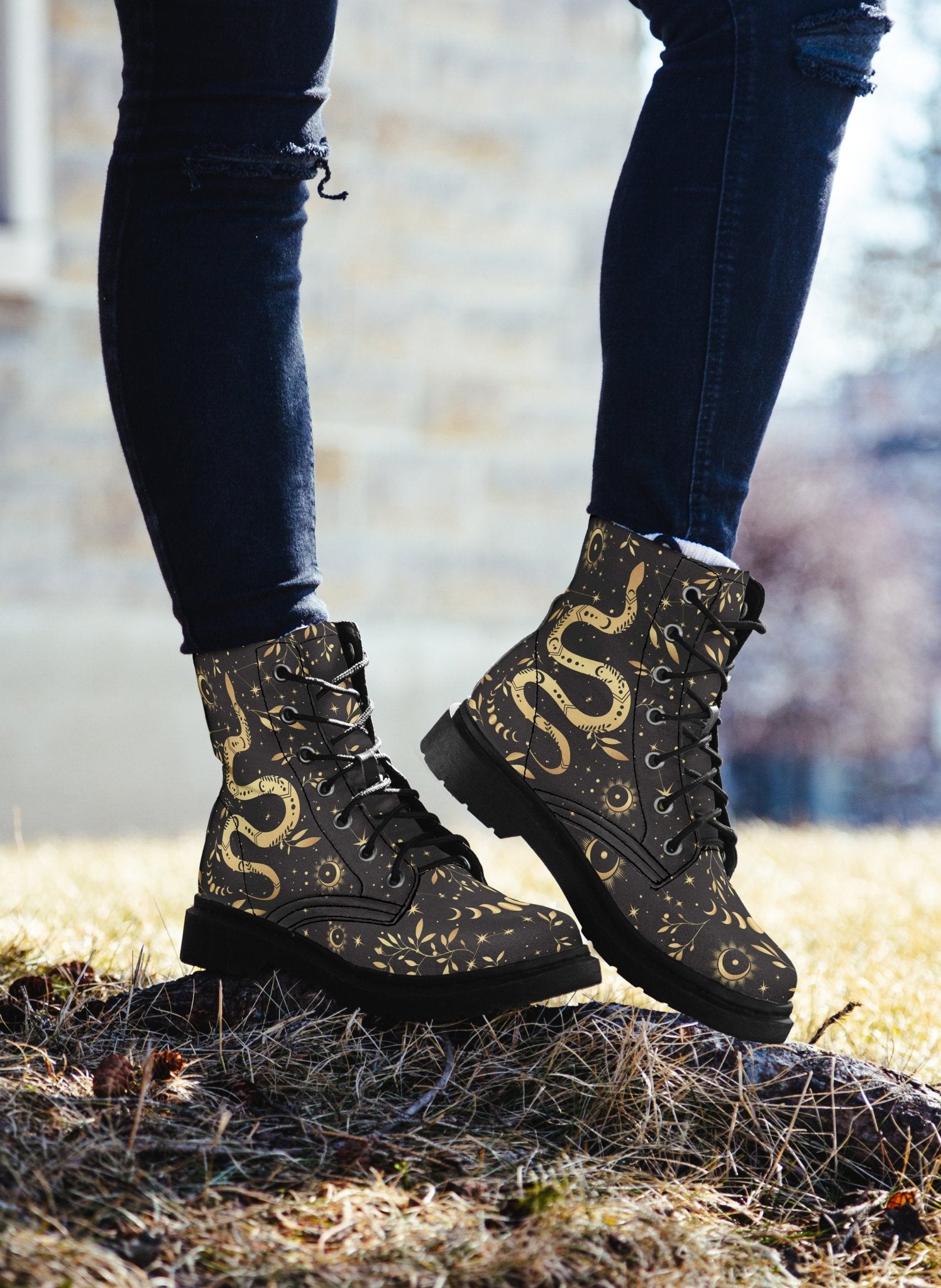 Boho Golden Snake Combat Boots | Vegan Leather Boots with Snakes – The ...