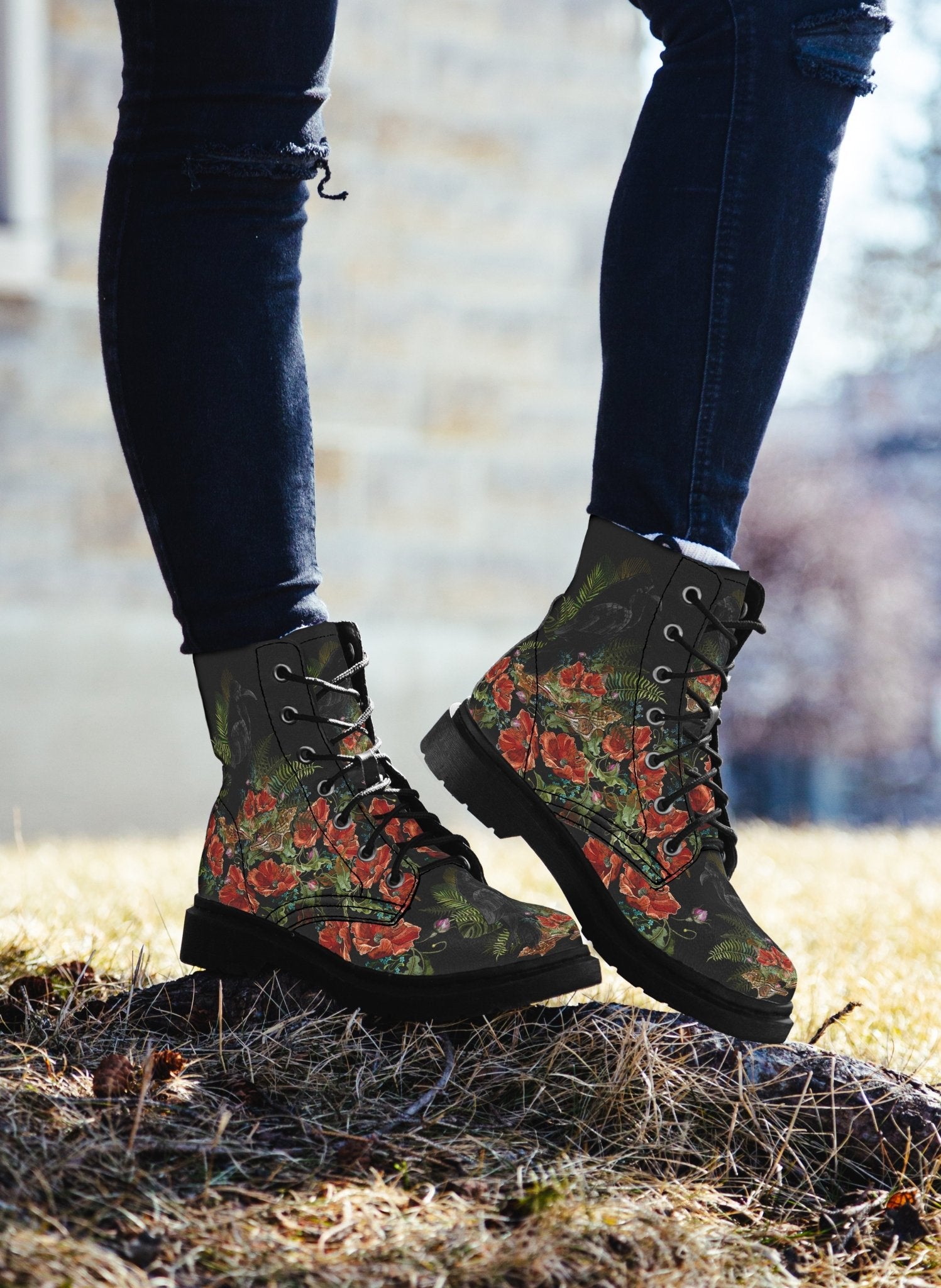 Crimson Raven Combat Boots | Gothic Floral Vegan Leather Boots with ...