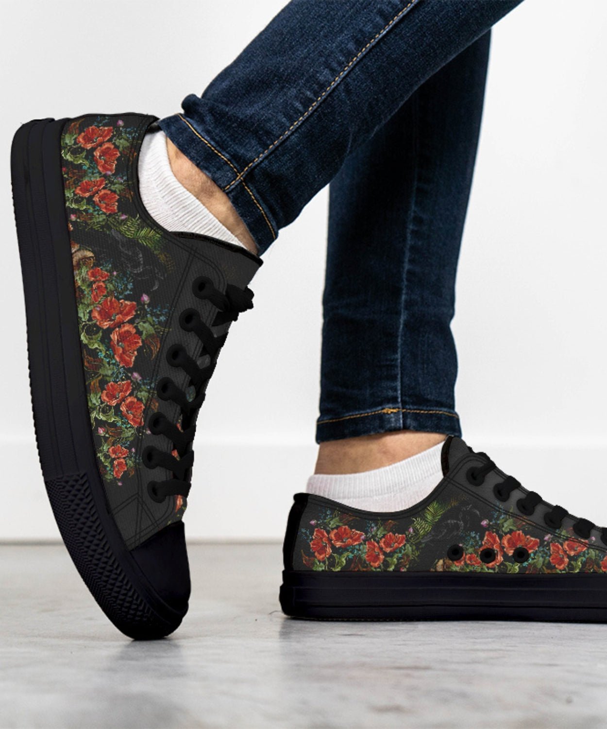 Crimson Raven Low Top Shoes | Gothic Floral Canvas Sneakers with Raven ...