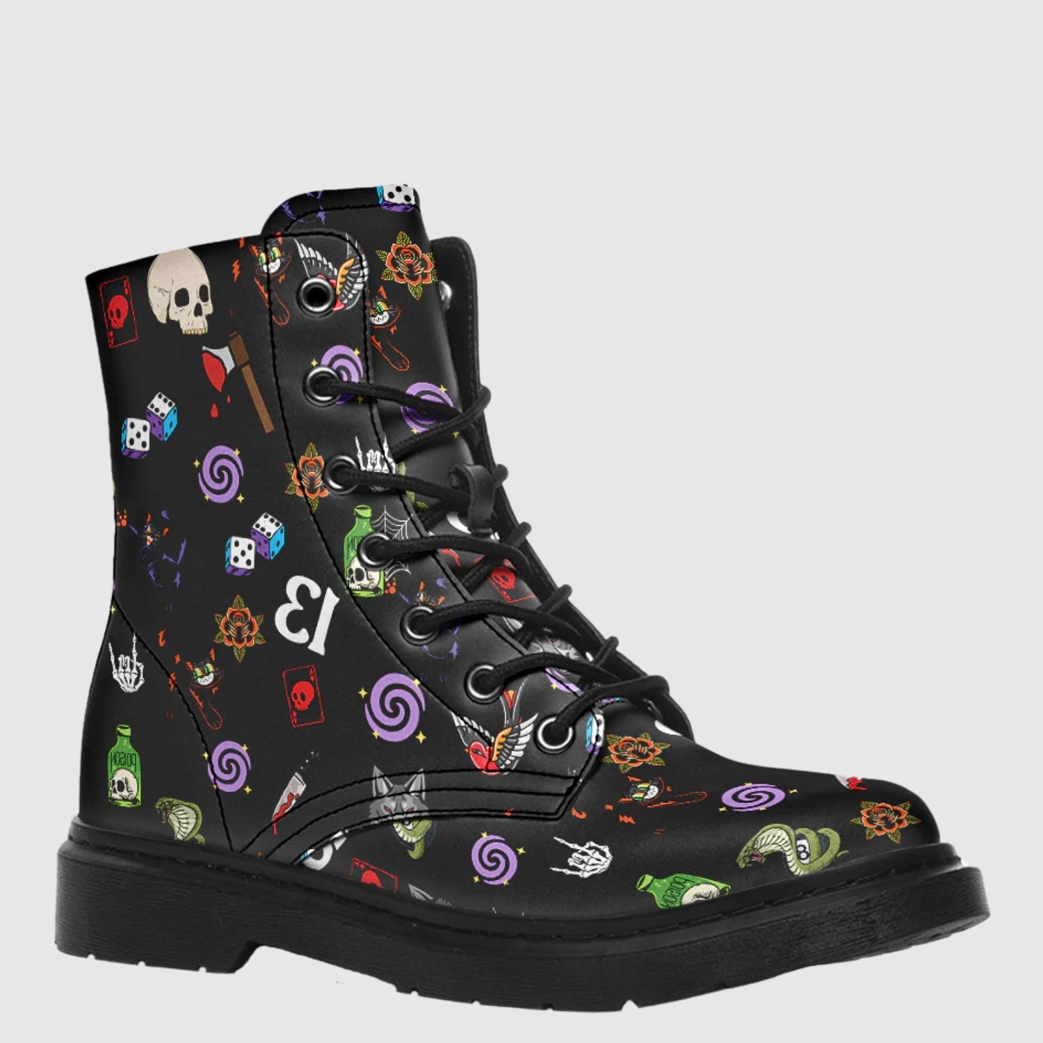 Lucky 13 Combat Boots | Friday the 13th Vegan Leather Gothic Boots ...